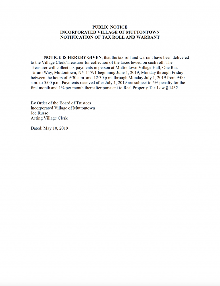 Public Notice Notification of Tax Roll and Warrant - Village of Muttontown