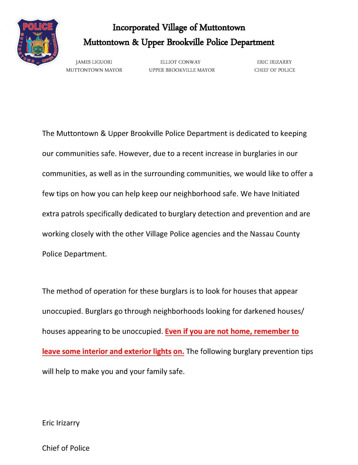 Police Announcement - Village of Muttontown