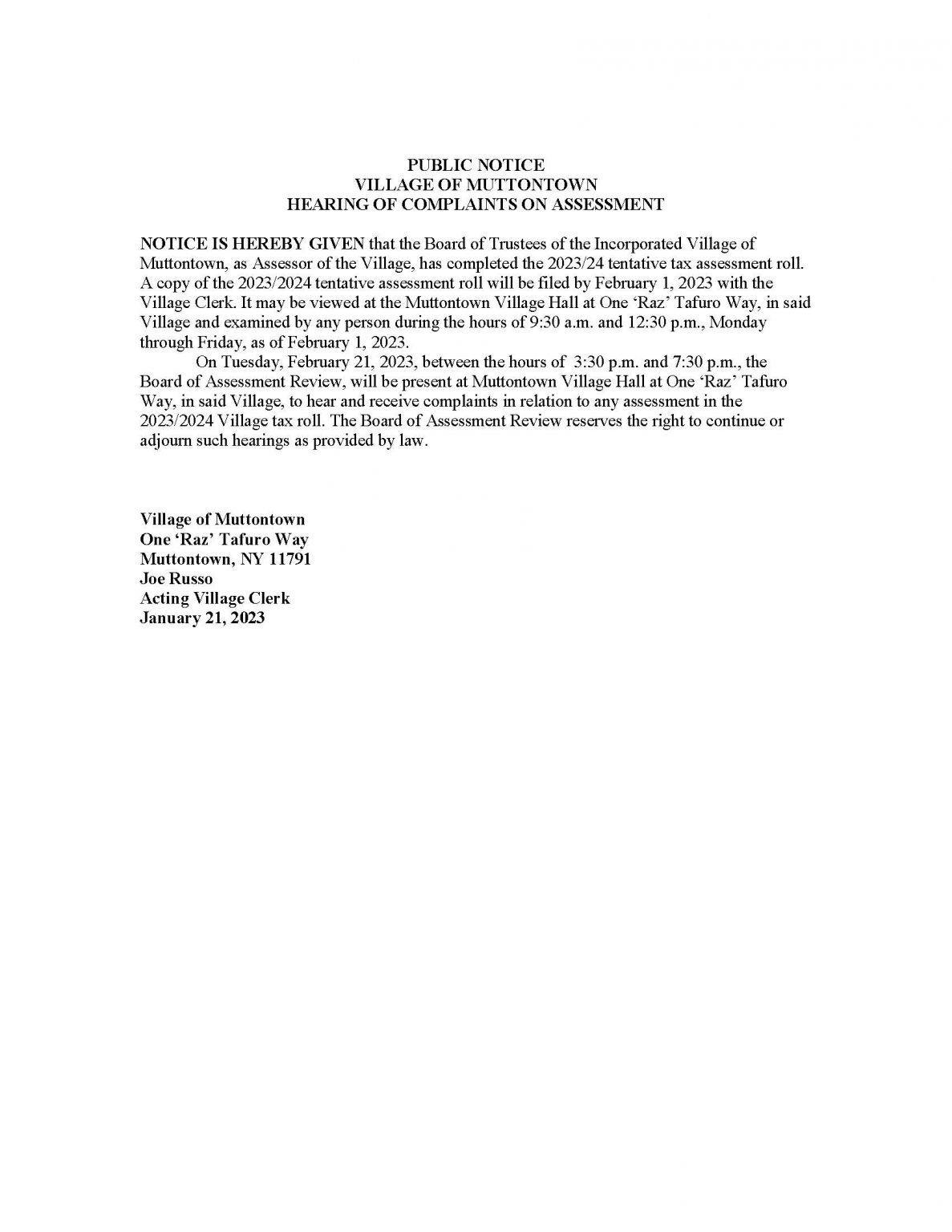 Public Notice 2023-2024 Tentative Assessment Roll - Village of Muttontown