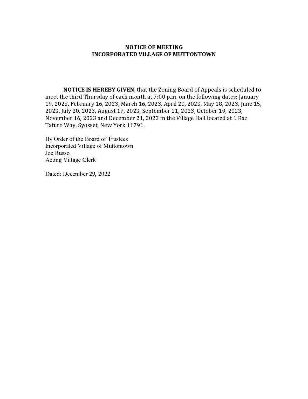 Public Notice 2023 ZBA Meetings - Village of Muttontown