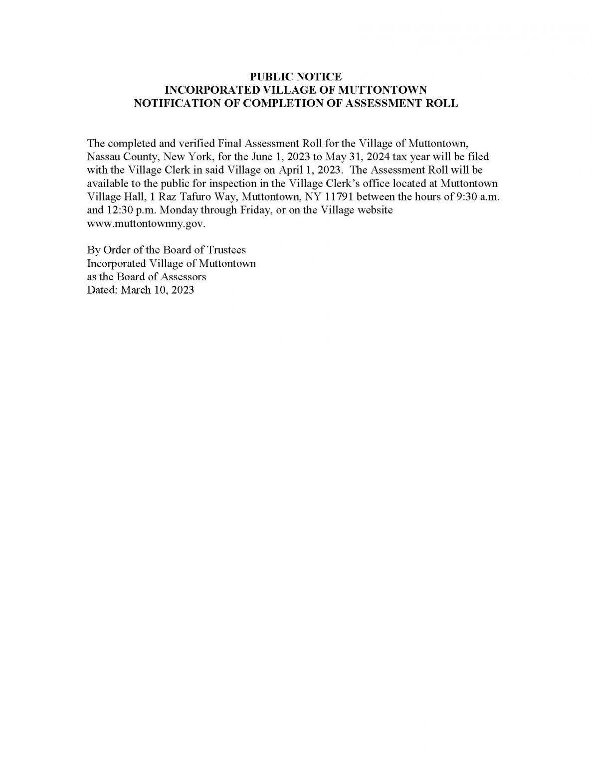 Public Notice 2023-2024 Final Assessment Roll - Village of Muttontown